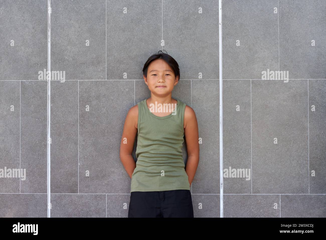 Portrait happy teen asian korean boy generation Z with black hair in ...