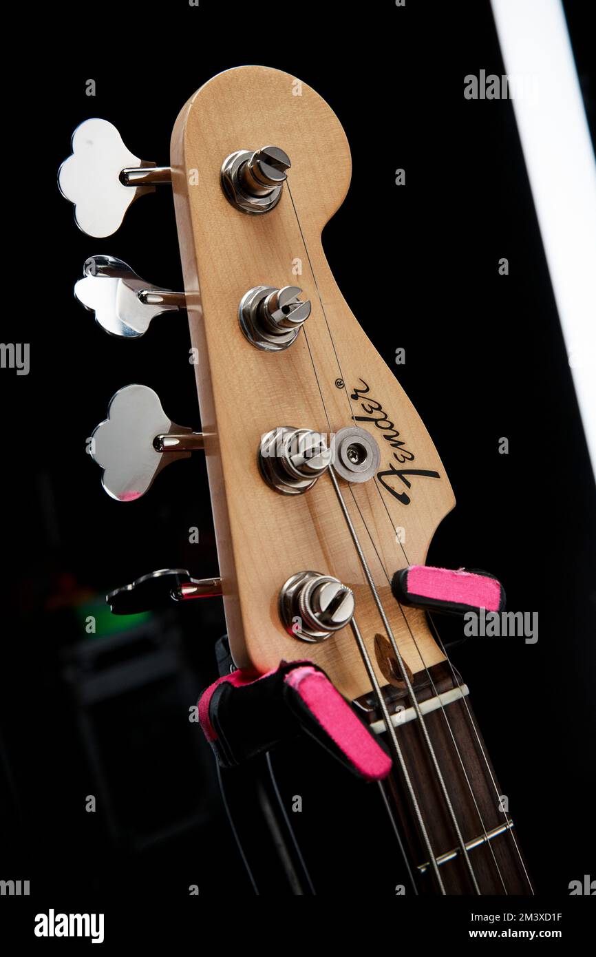 Fender bass guitar used by Mike Kerr of Royal Blood on stage before a ... Fender bass guitar used by Mike Kerr of Royal Blood on stage before a ...