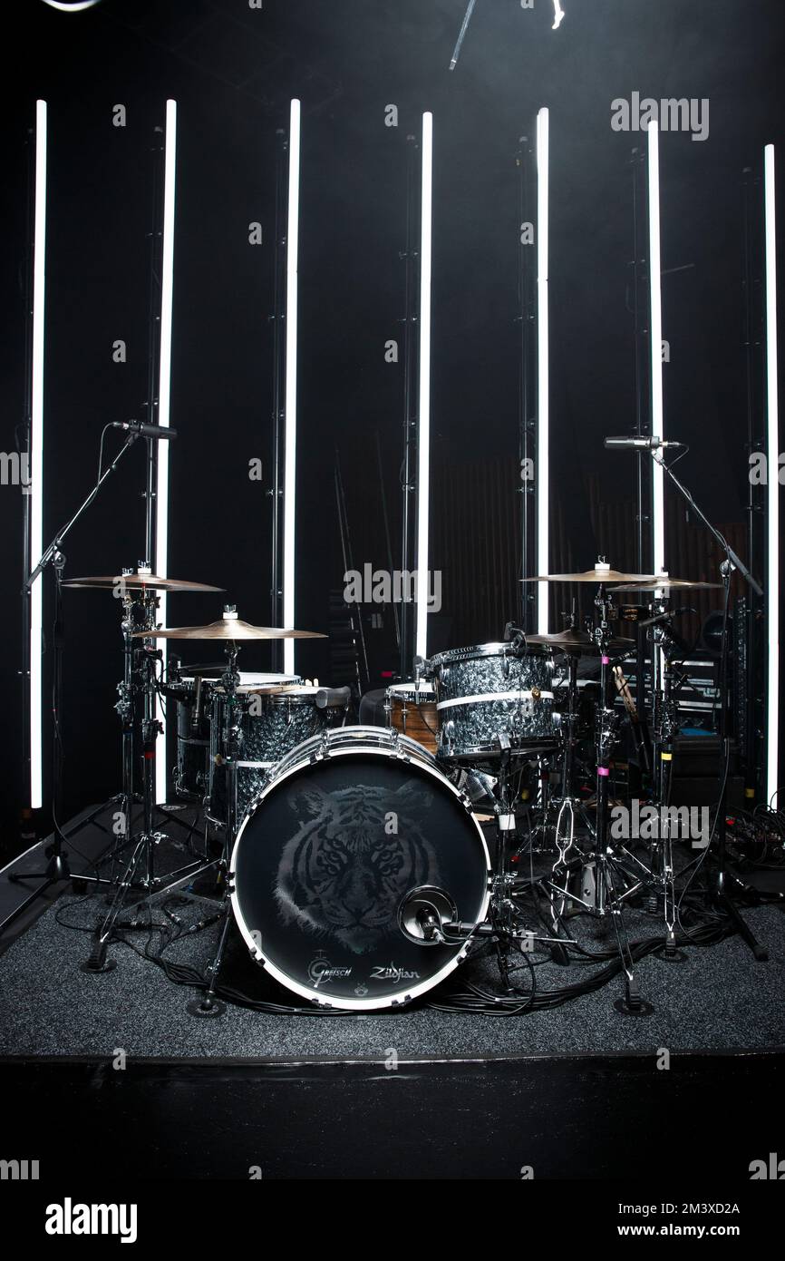 Drum kit used by Ben Thatcher of Royal Blood on stage before a live ...
