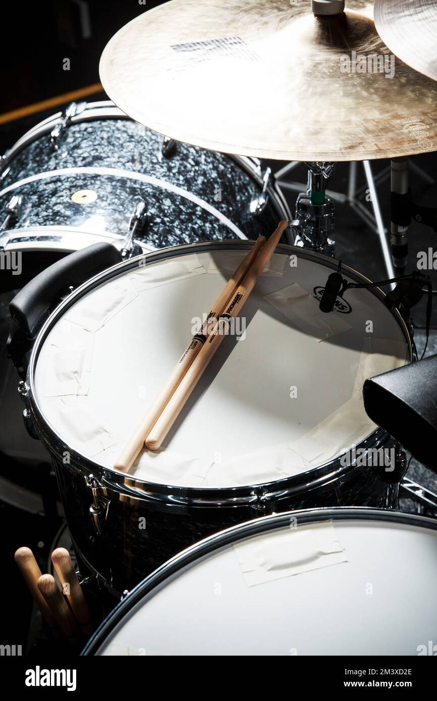 Drum kit used by Ben Thatcher of Royal Blood on stage before a live ...