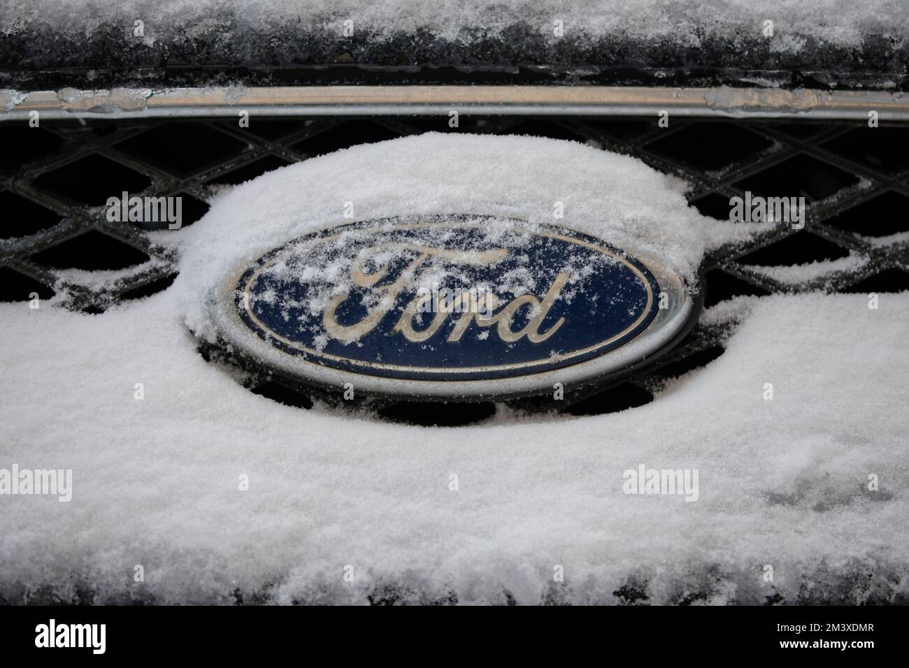The Ford logo is seen on the grille of a car in Warsaw, Poland on ...