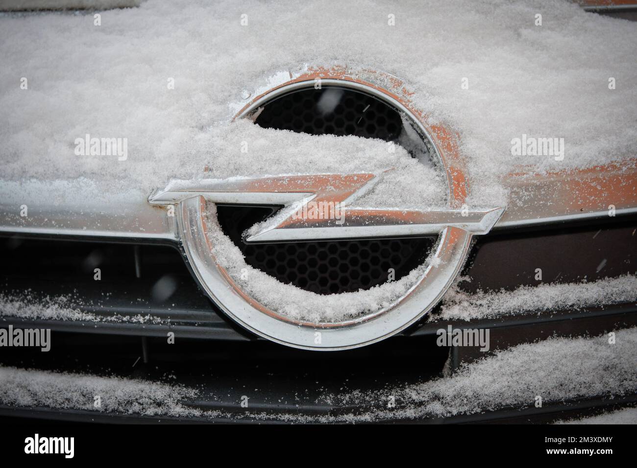 The Opel logo is seen on the grille of a car in Warsaw, Poland on ...