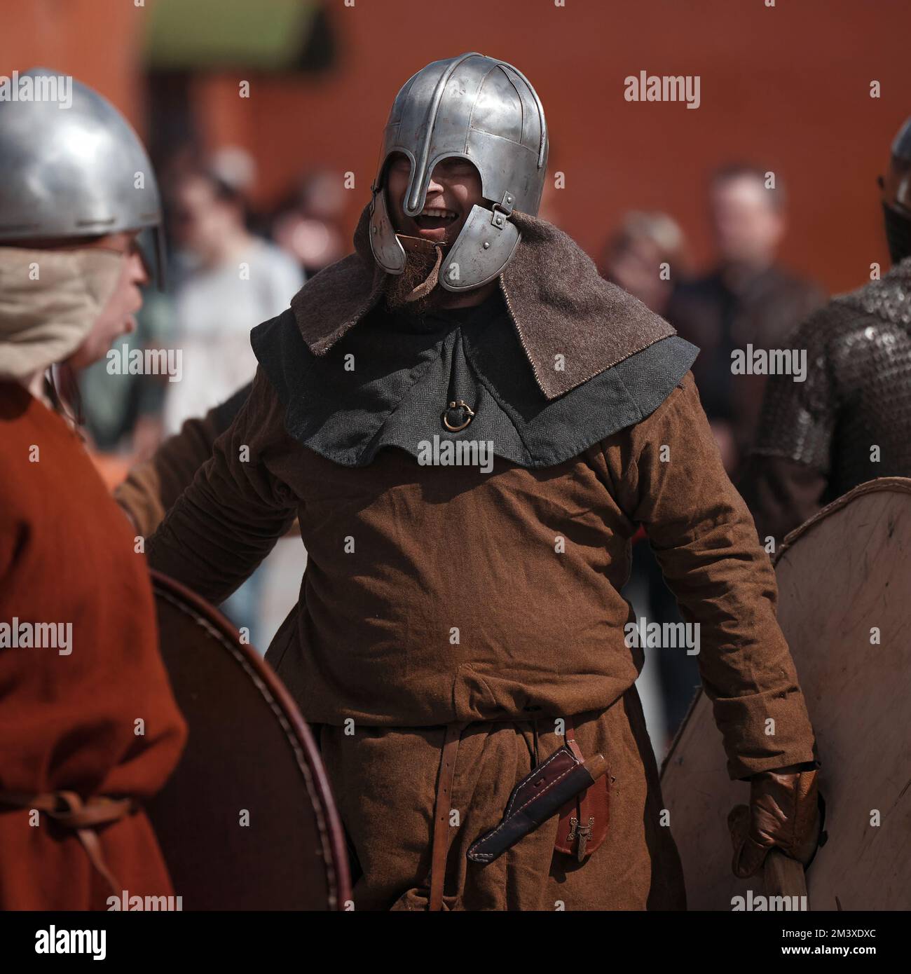 Warrior in helmet in medieval dress. Warrior of medieval Europe ...