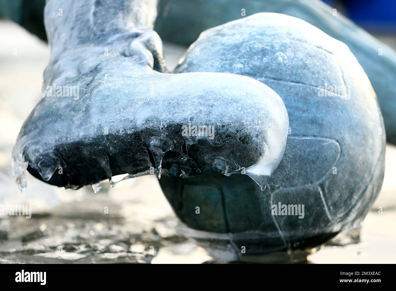 The frozen boot and ball of the Sir Tom Finney statue prior to the Sky ...