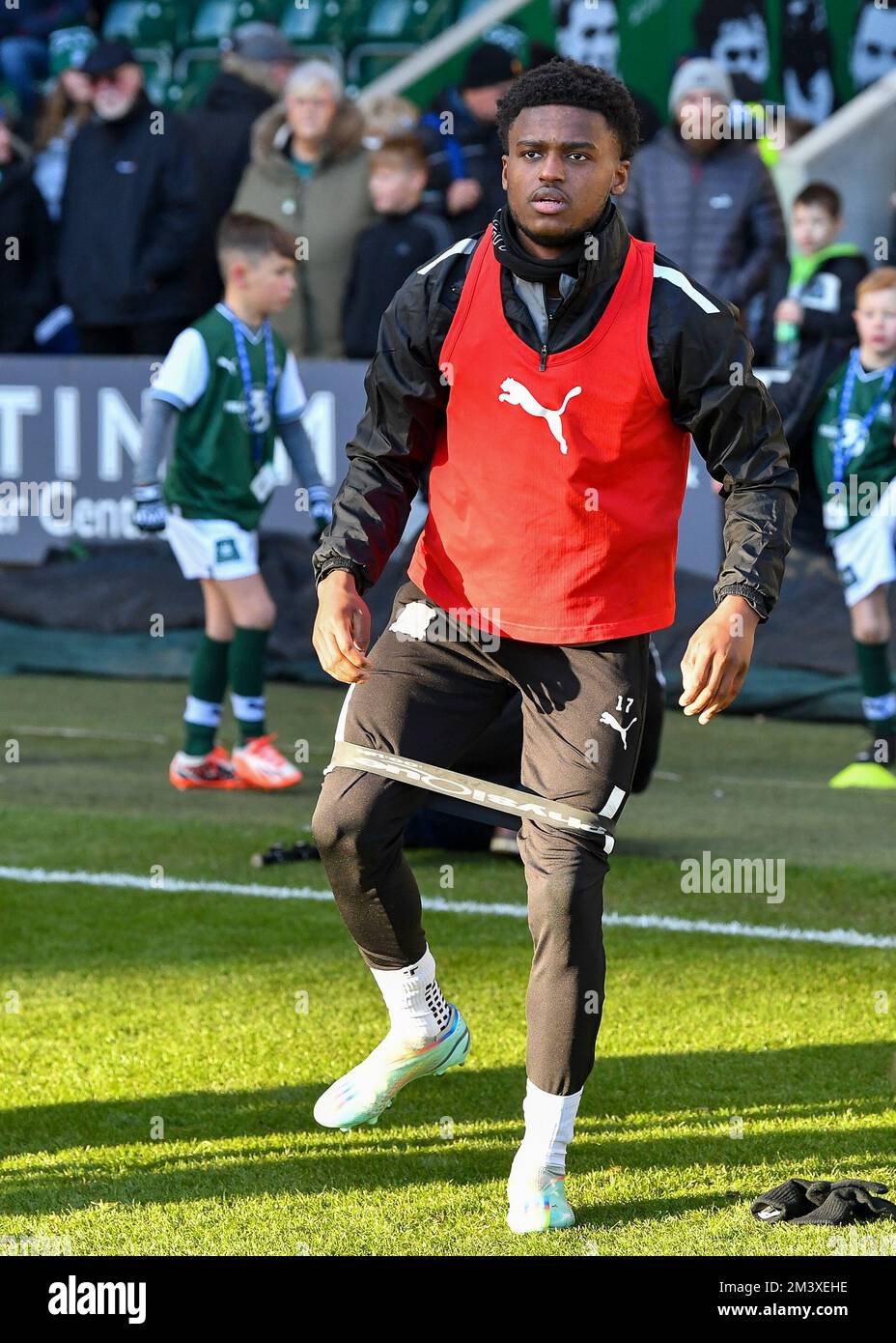 Plymouth Argyle full back Bali Mumba (17) warming up during the Sky Bet ...