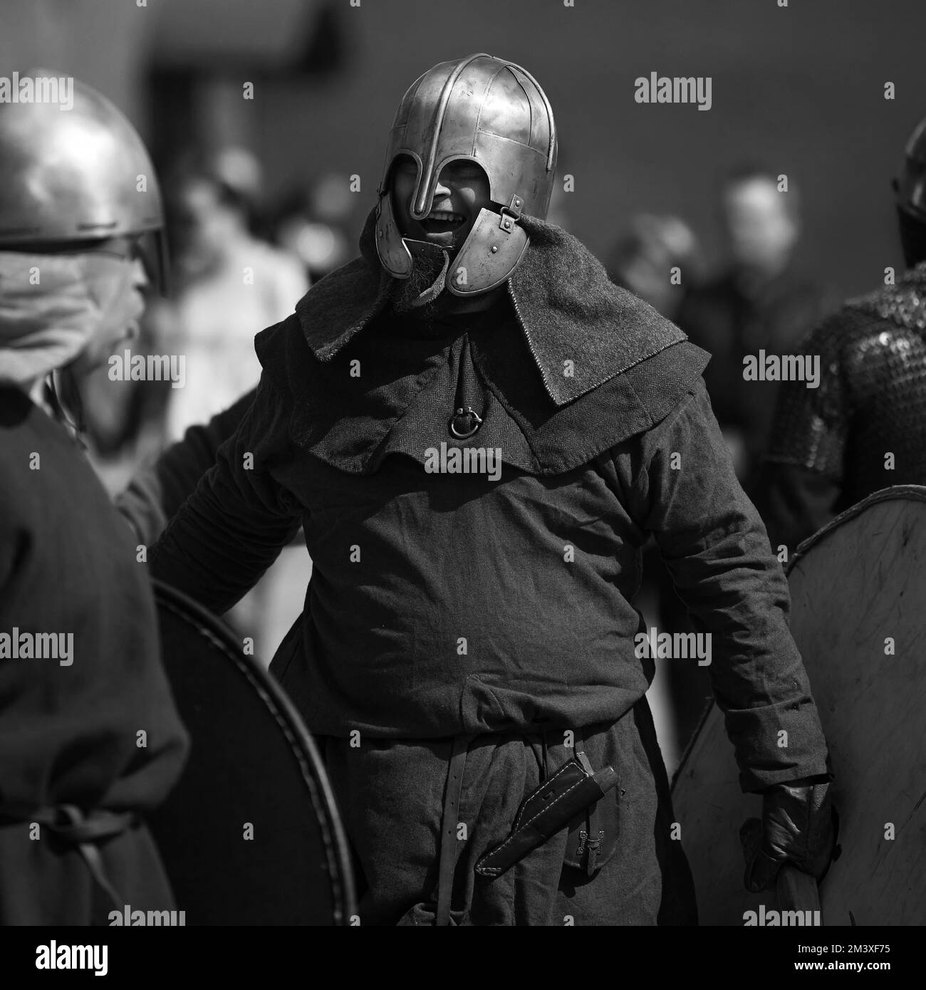 Warrior in helmet in medieval dress. Warrior of medieval Europe ...