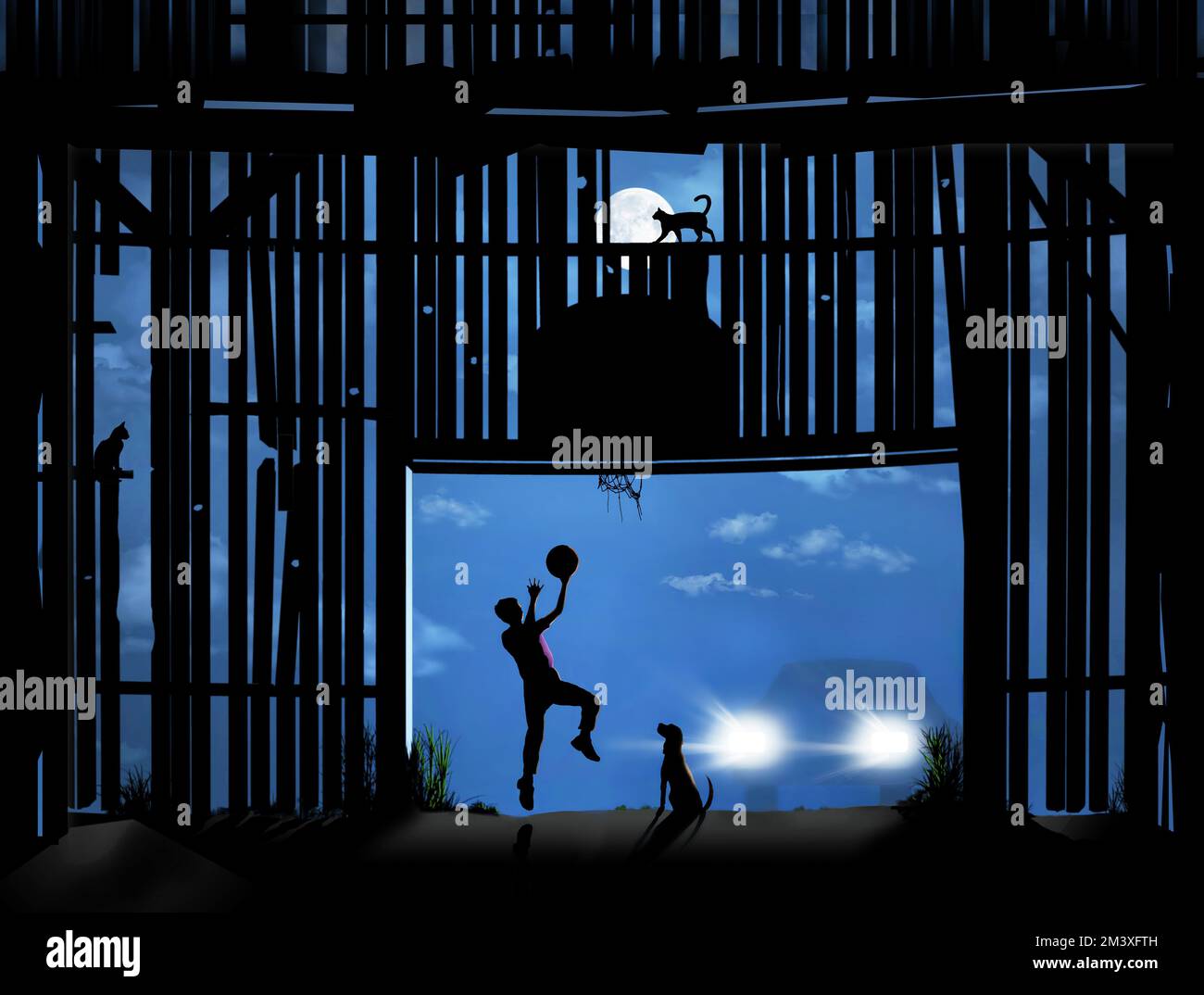 A teen boy works on his basketball skills at home on the farm. The ...