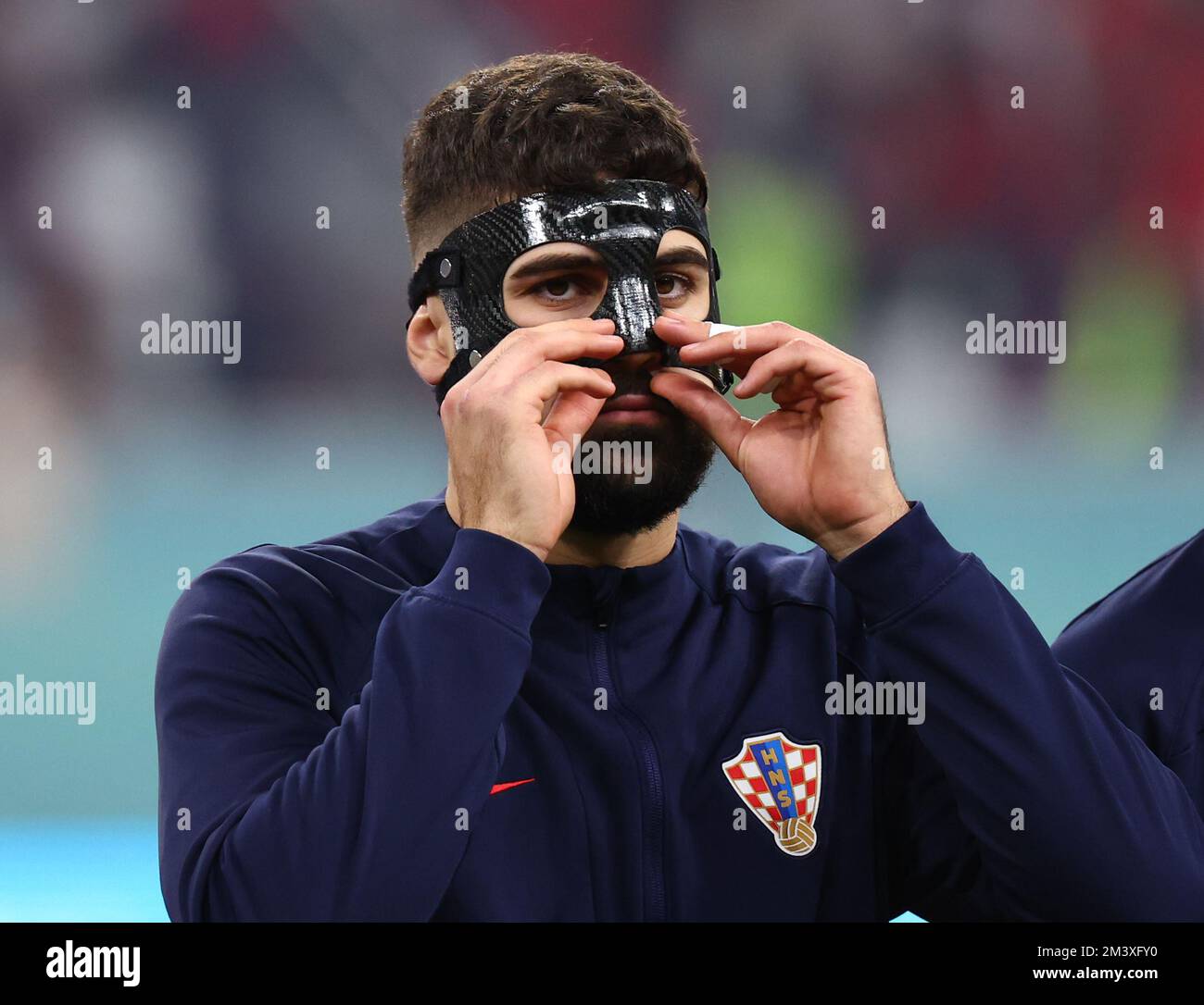 Doha, Qatar. 17th Dec, 2022. Josko Gvardiol of Croatia adjusts his ...