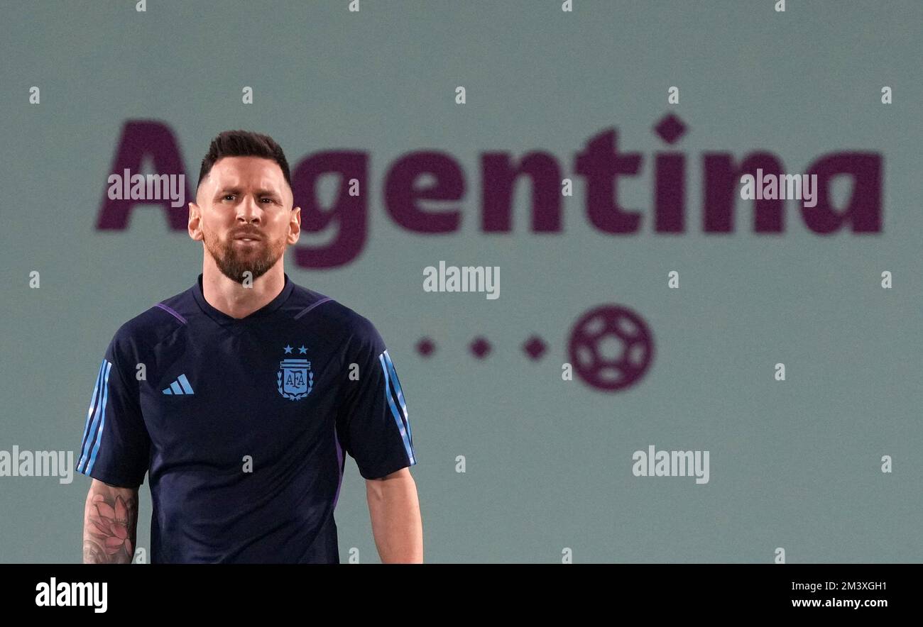 Argentina's Lionel Messi during a training session at Qatar University ...