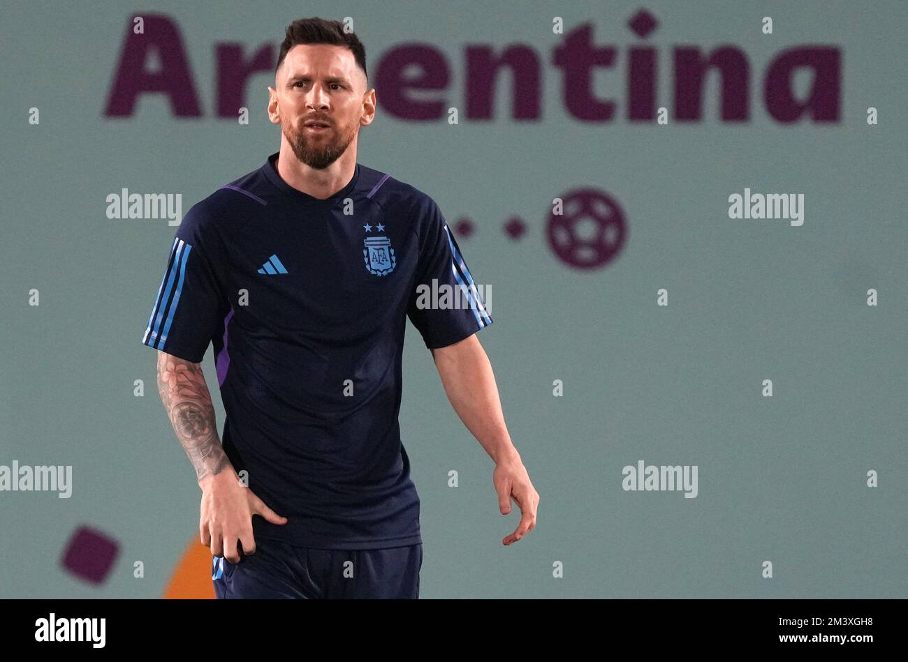 Argentina's Lionel Messi during a training session at Qatar University ...