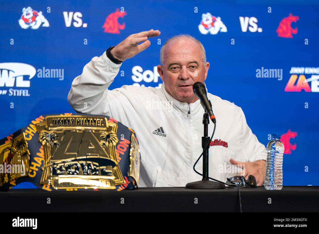 Fresno State Bulldogs head coach Jeff Tedford speaks during the Jimmy ...