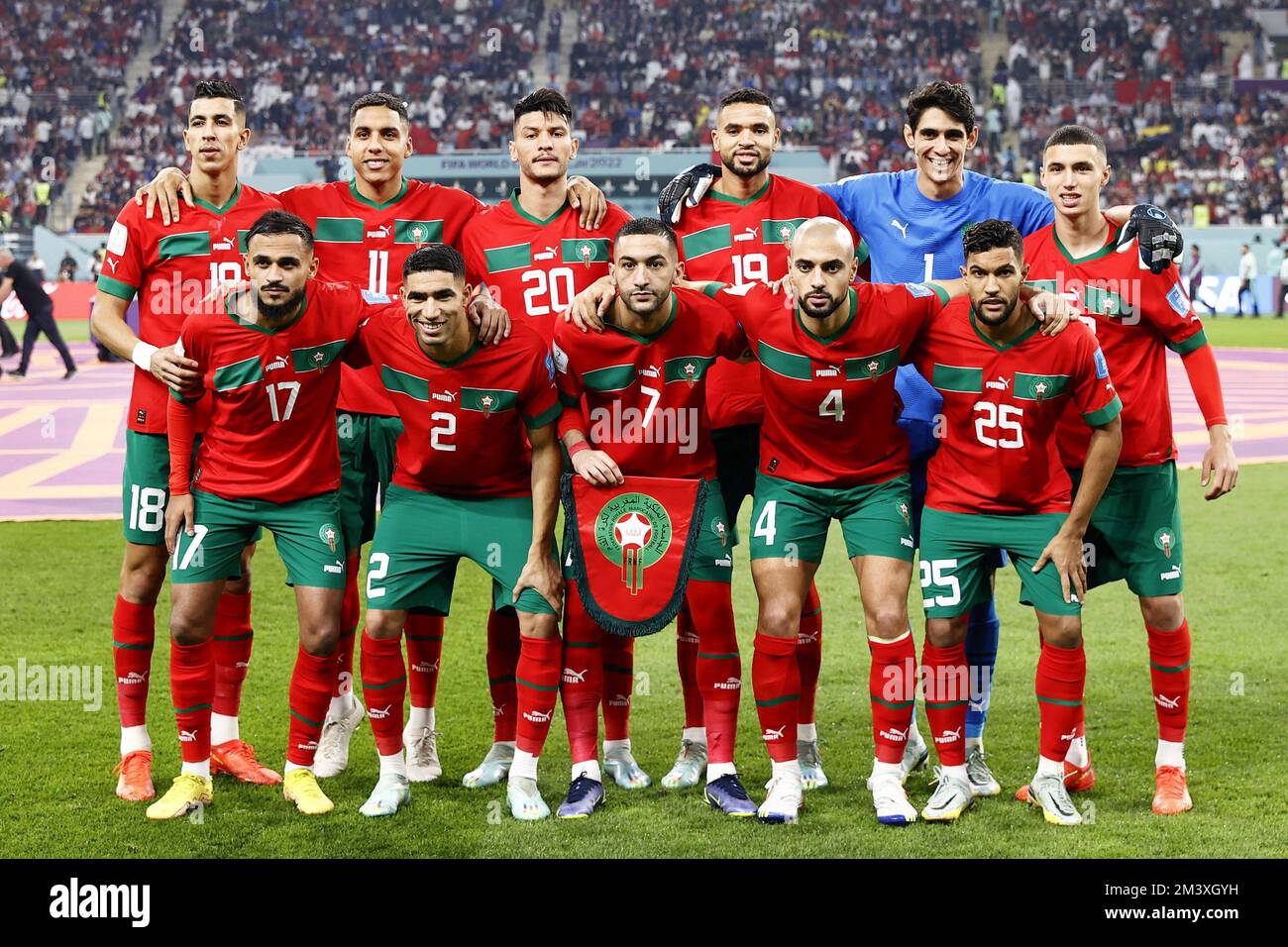Doha, Qatar, on Dec. 17, 2022, Morocco's starting XI pose for a team ...