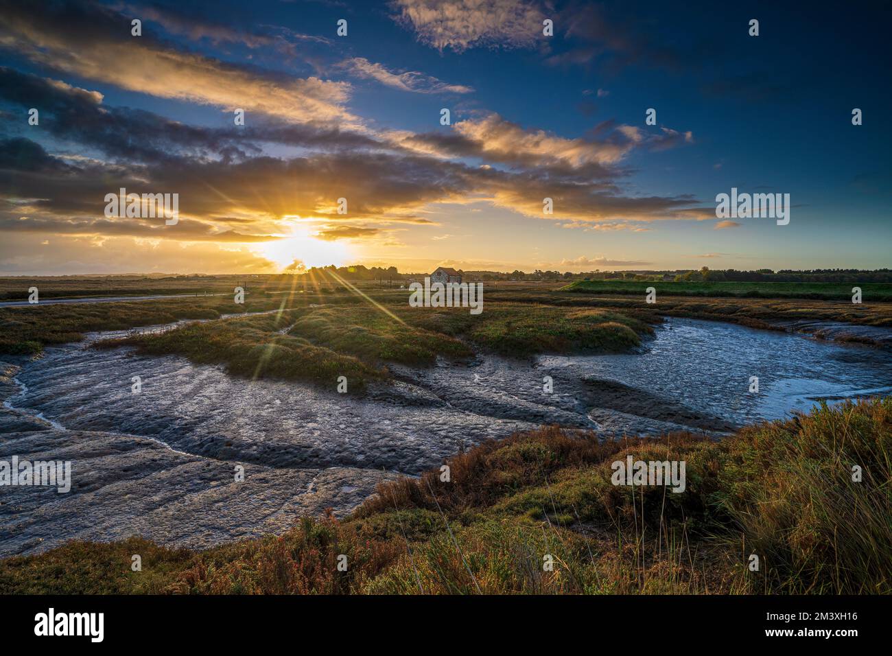 Thornham Old Harbour and marshes at sunrise, Thornham, Norfolk, England ...