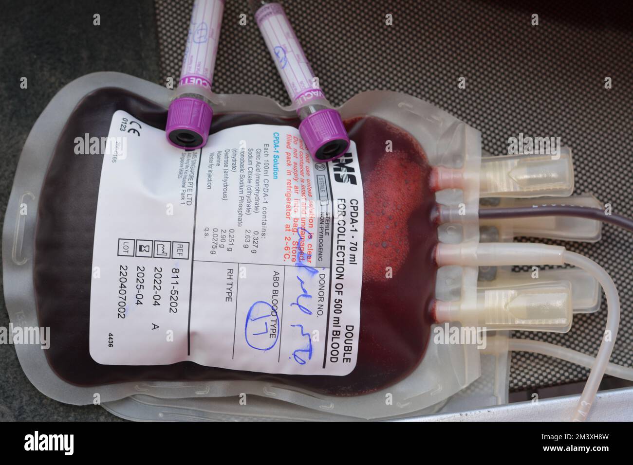 Cairo, Egypt, December 15 2022: blood bag and blood samples collected ...