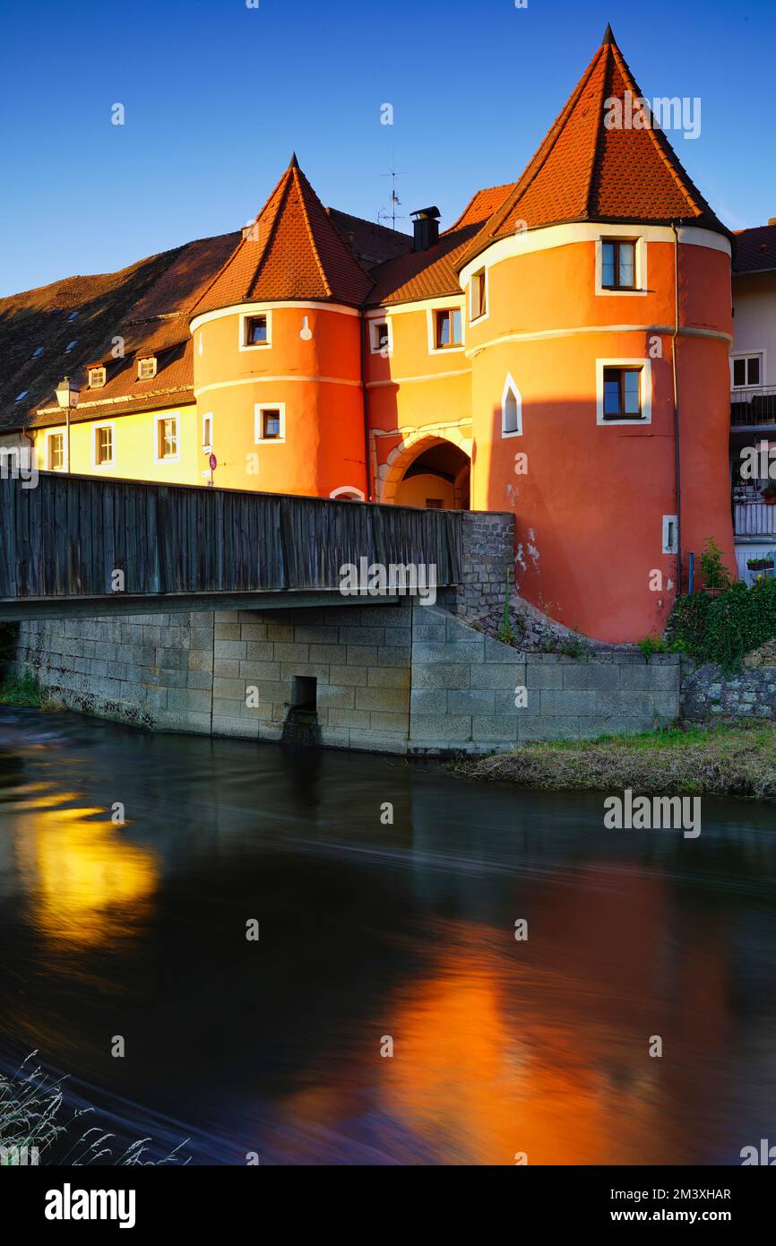 The colorful famous Biertor with the bridge across river Regen in Cham ...