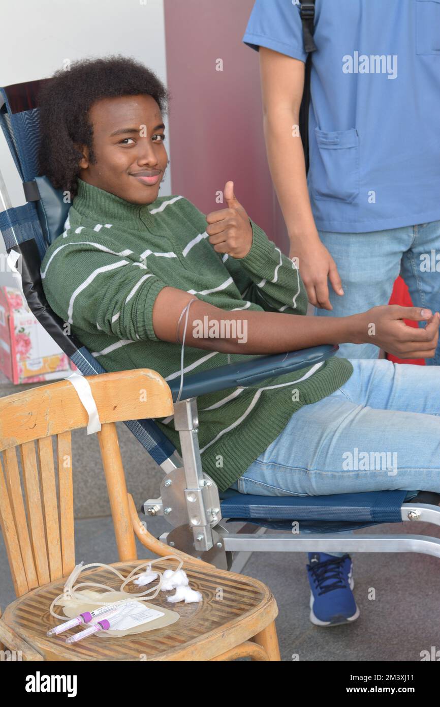 Cairo, Egypt, December 15 2022: blood volunteer donor during a blood ...