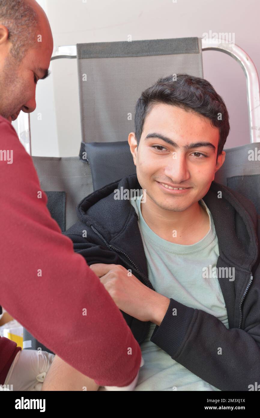 Cairo, Egypt, December 15 2022: blood volunteer donor during a blood ...