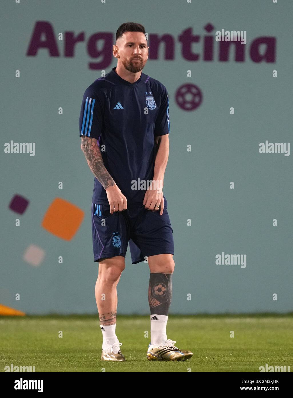 Argentina's Lionel Messi during a training session at Qatar University ...