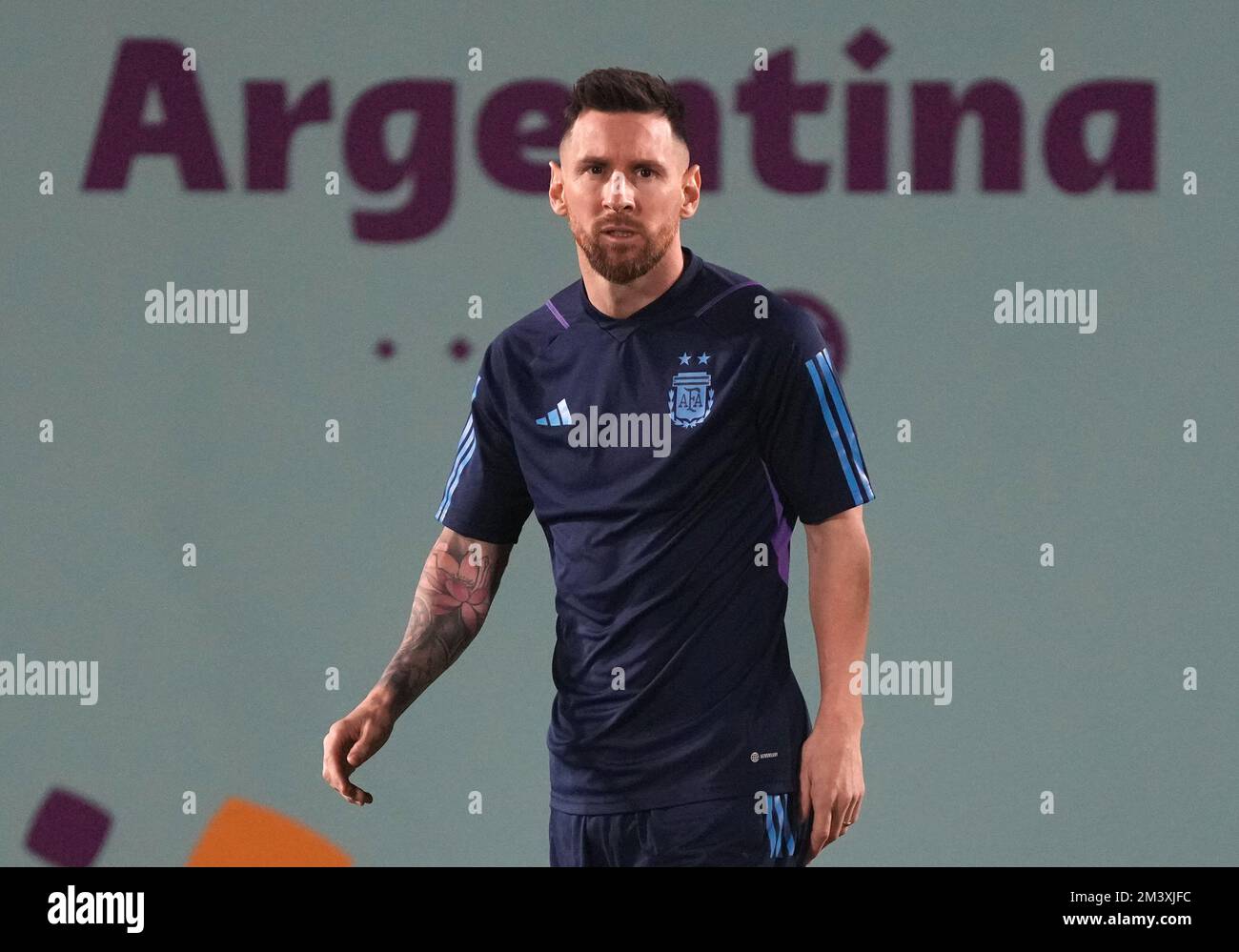Argentina's Lionel Messi during a training session at Qatar University ...