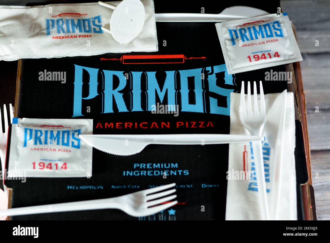 Cairo, Egypt, December 8 2022: Primo's Pizza is an American pizza known ...