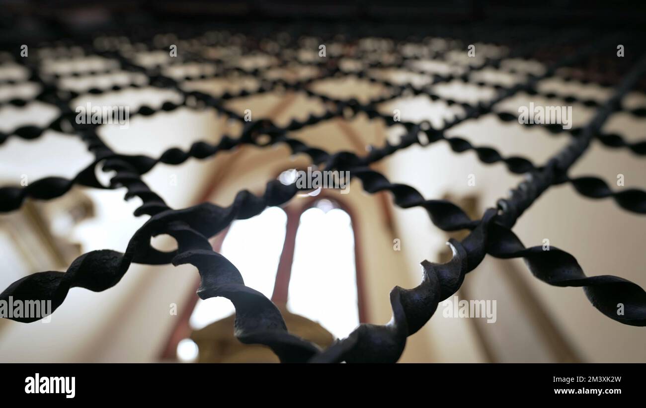 Metal patterns closeup inside Church Cathedral. Iron grid divide Stock ...
