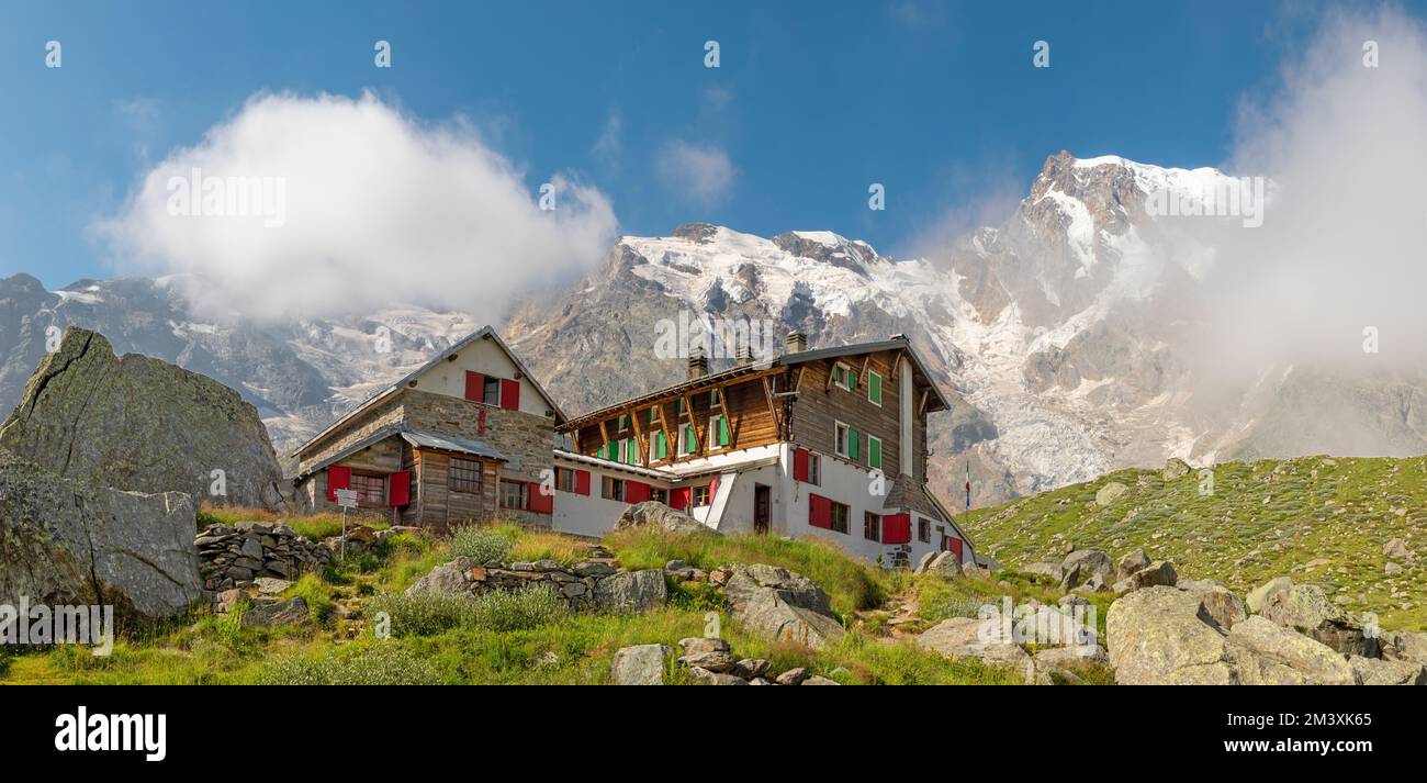 The Punta Gnifetti peak (Monte Rosa massif) over the Rifugio Zambon ...