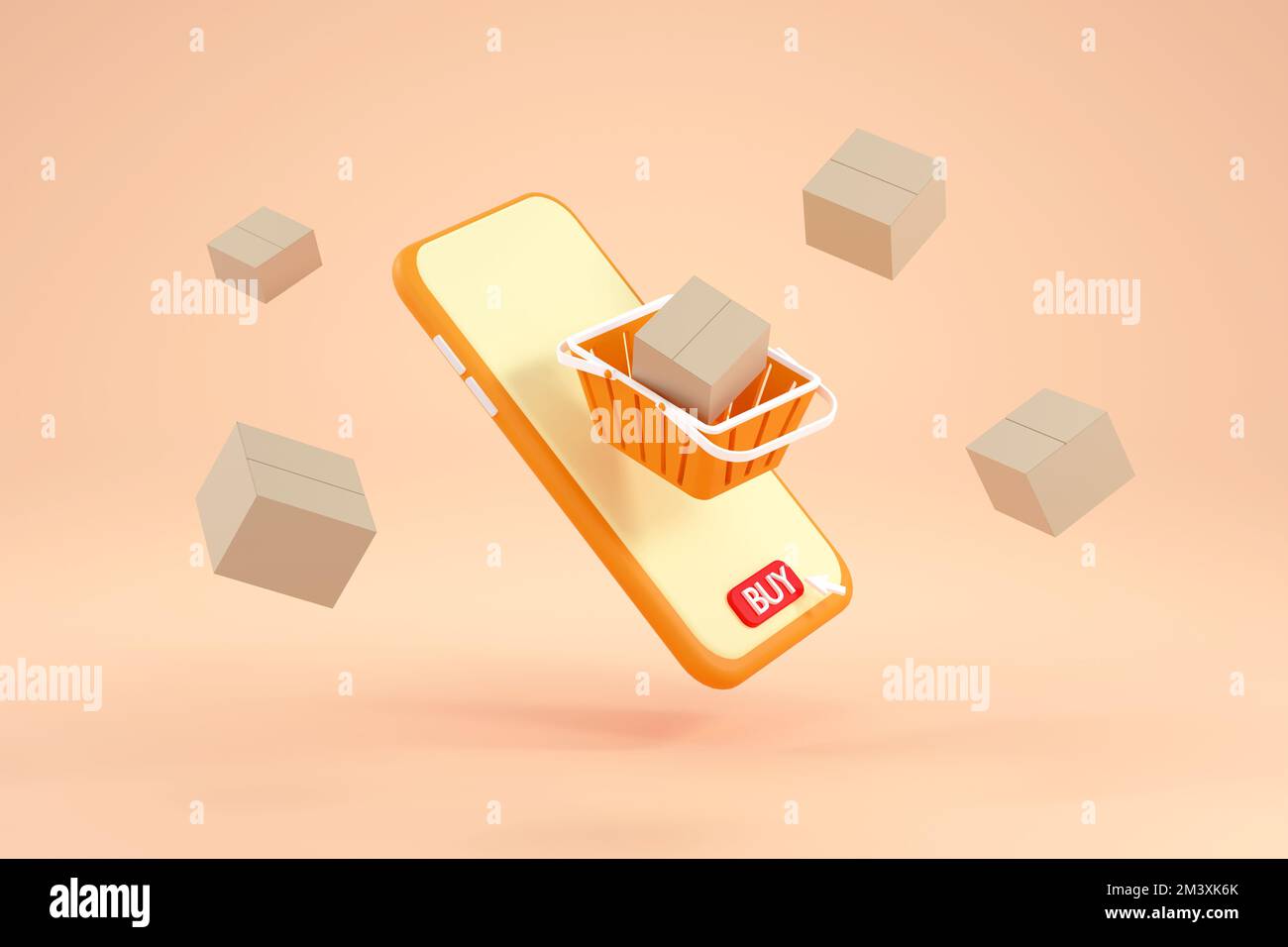 3D. shopping baskets and parcel box with cart image on box float in the ...