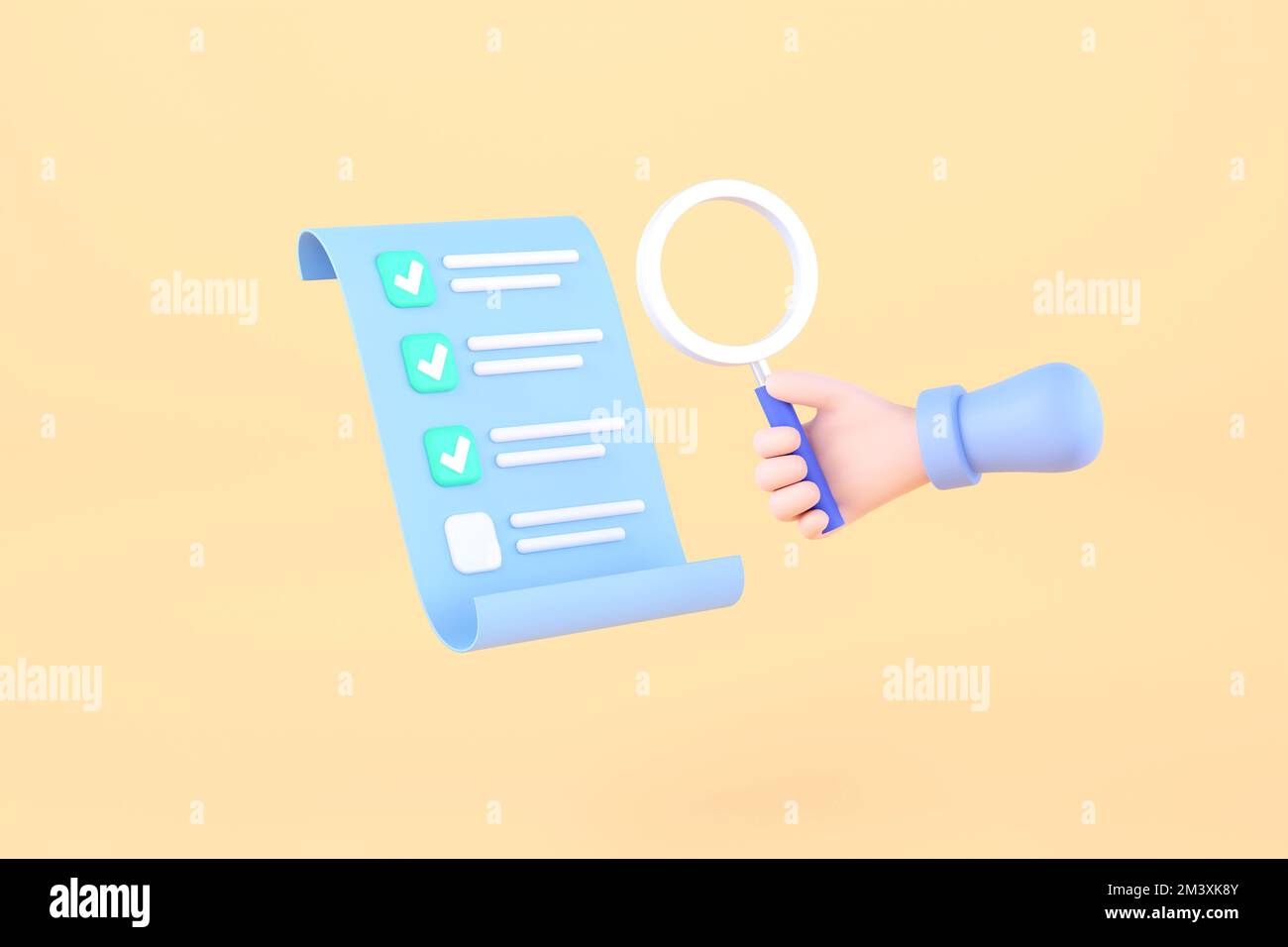 3D. Hand holding checklist paper and hand holding magnifying glass ...