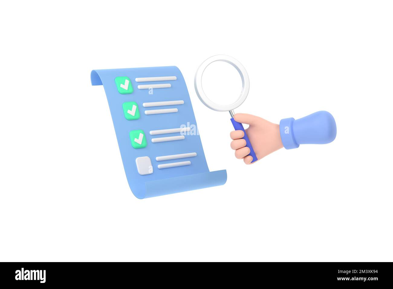3D. Hand holding checklist paper and hand holding magnifying glass ...