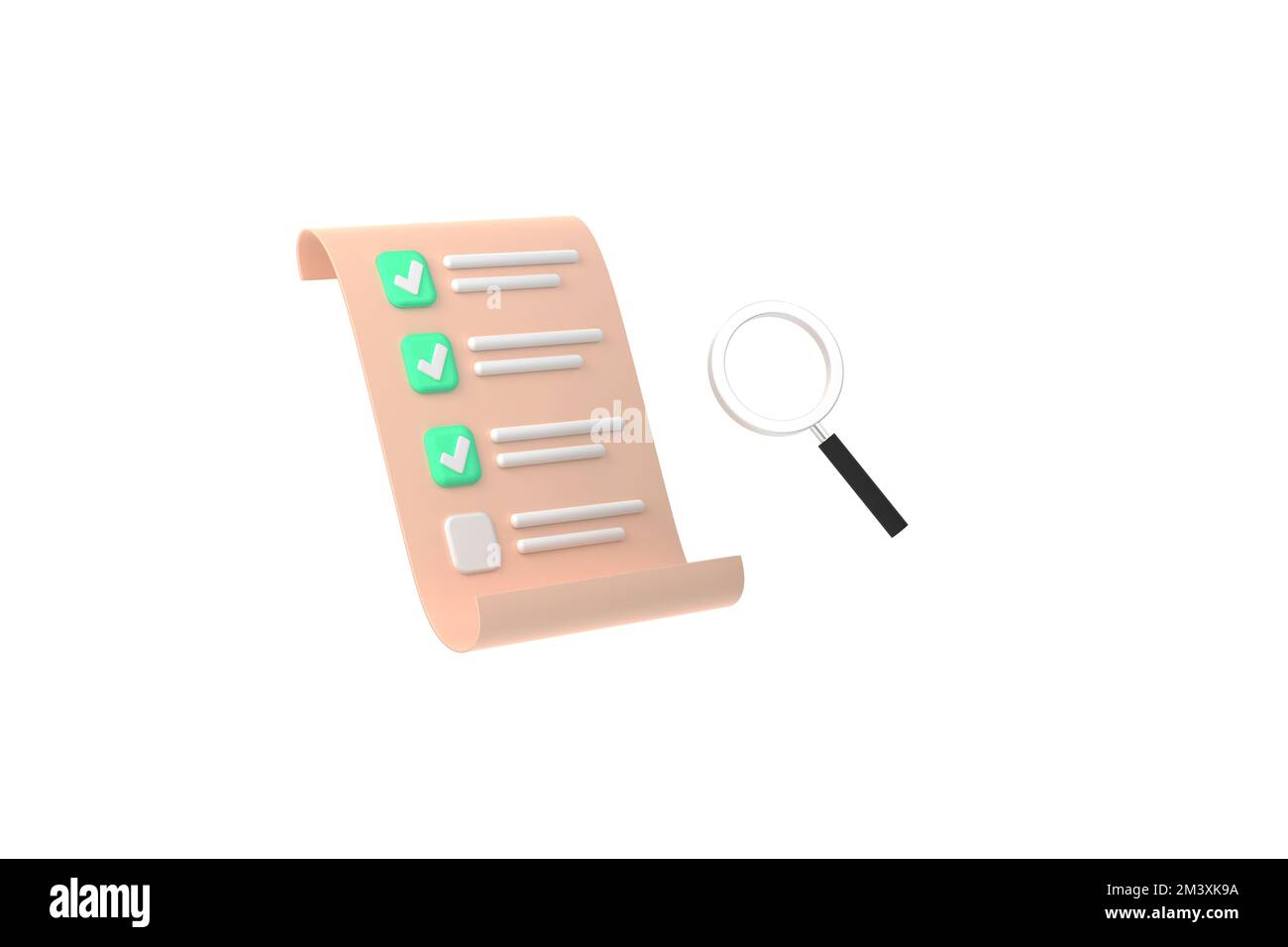 3D. checklist paper and hand holding magnifying glass. paper with check ...