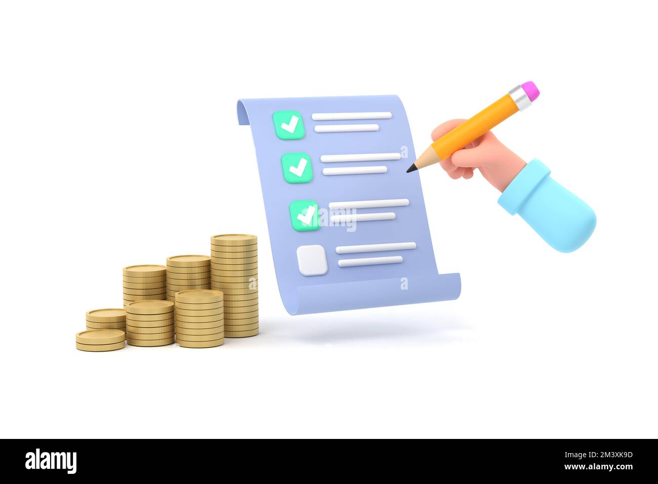 3D. check list with businessman hands holding pencil, check mark, pile ...