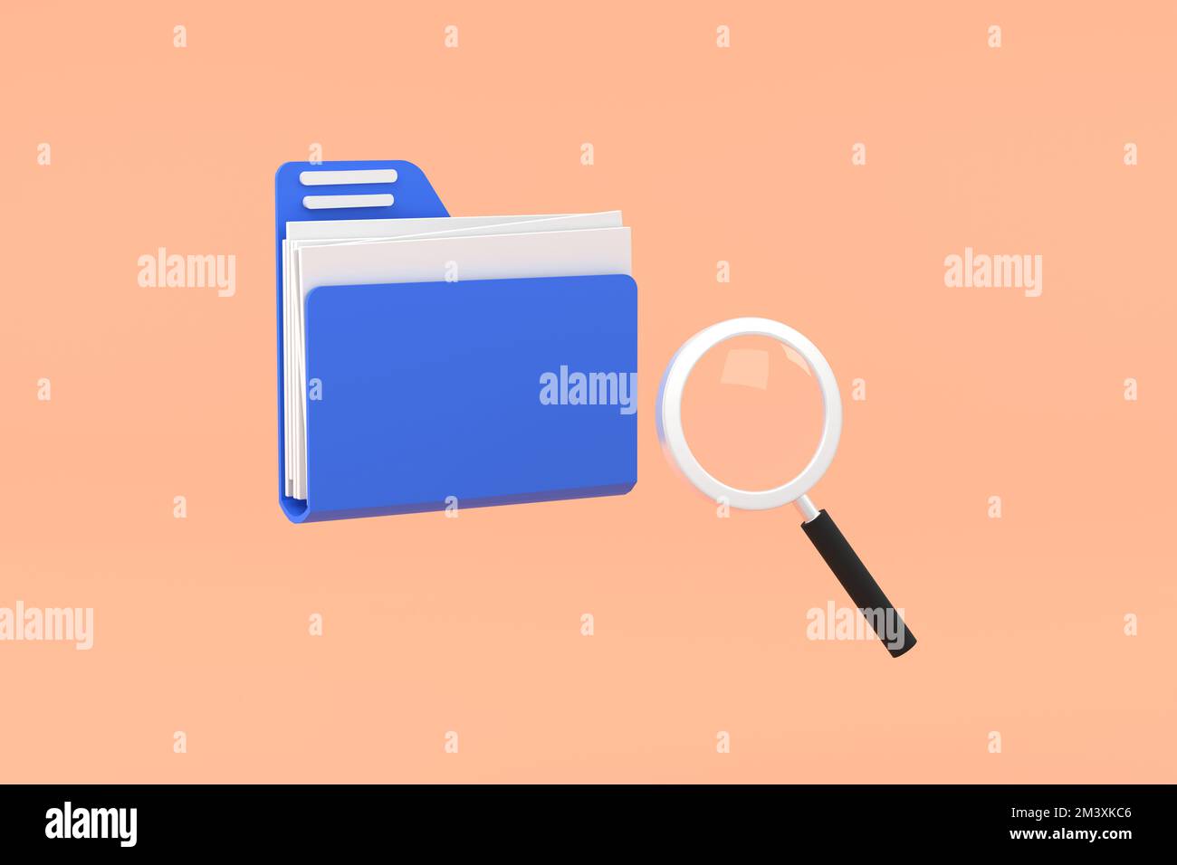3D. Folder icon and magnifying glass. Open folder icon. Folder with ...