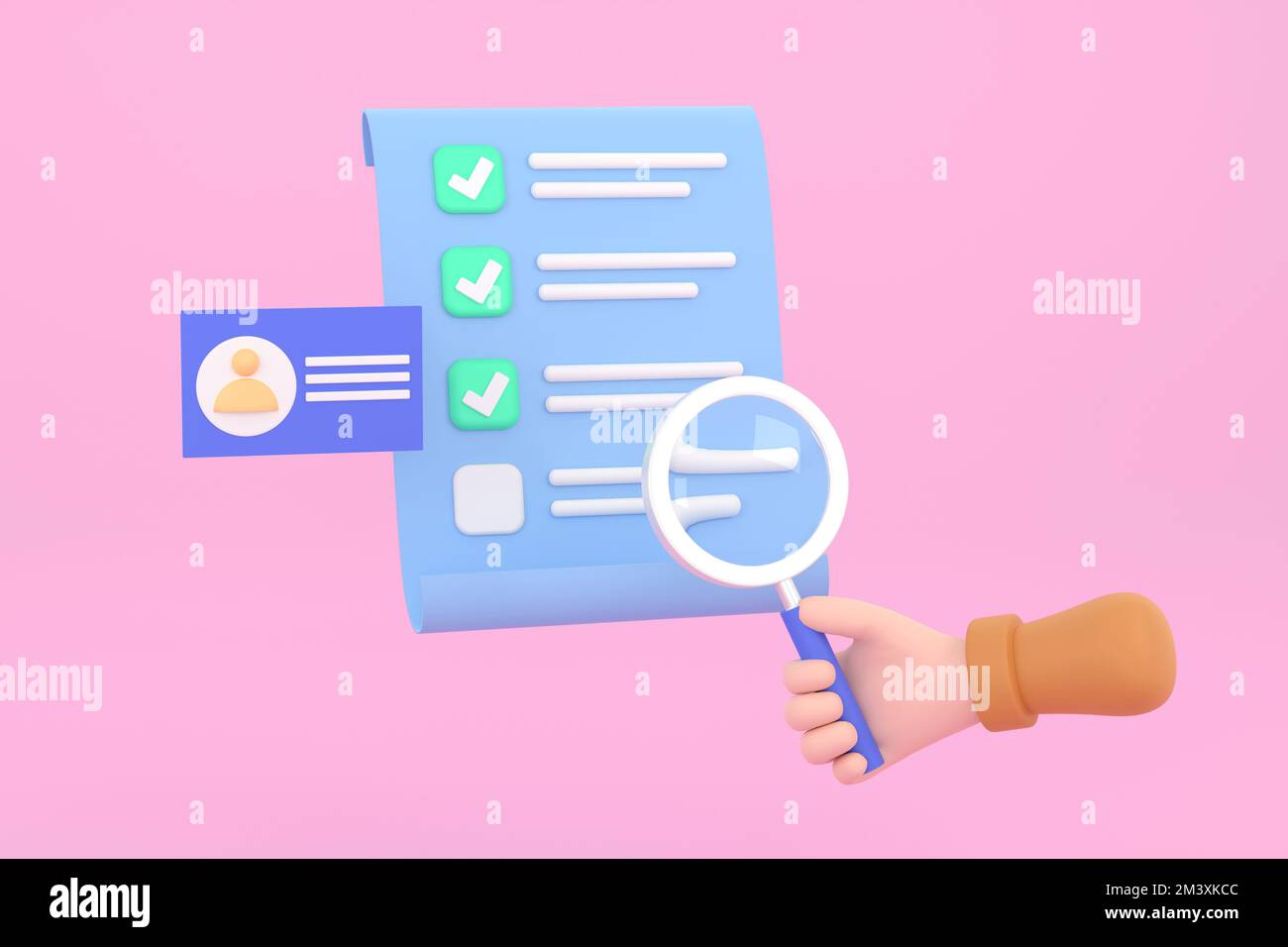 3d Hand Hold Magnifying Glass With Id Card Checklist Paper