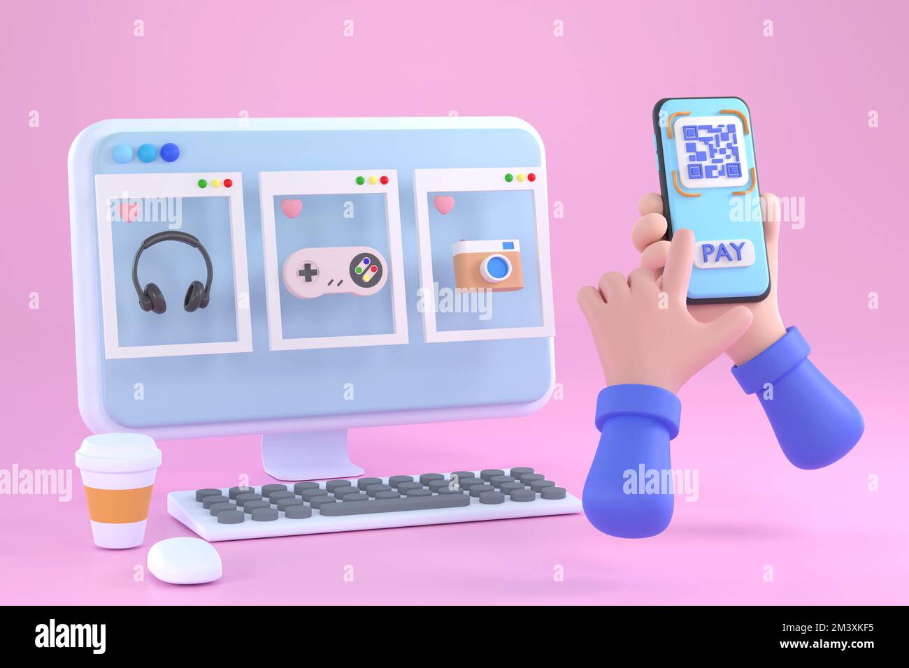 3D. hand hold mobile shopping. Computer screen flat design template for ...