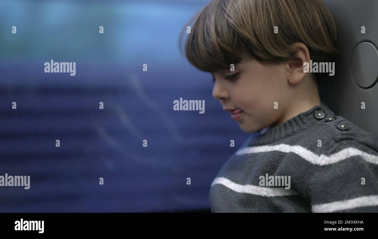 One small boy traveling by train staring at window with landscape ...