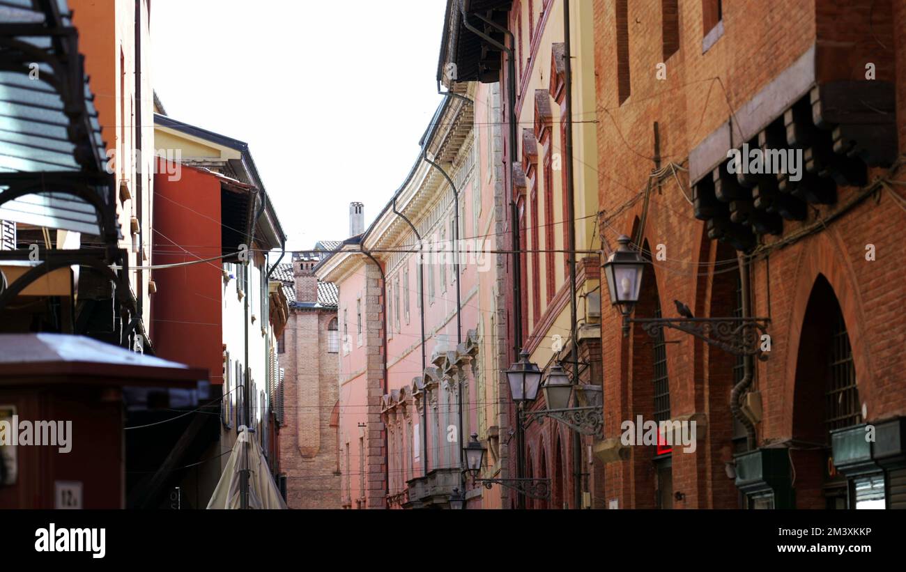 Traditional European Street buildings with electric wires. Italian ...