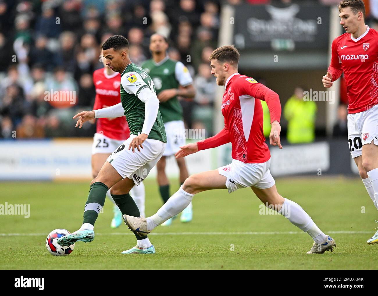 Plymouth Argyle forward Morgan Whittaker (19) shields the ball during ...