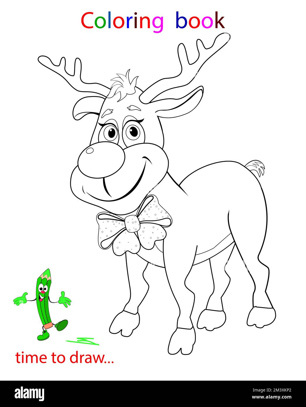 Sketch cartoon reindeer with a bow. Black and white drawing on a white ...