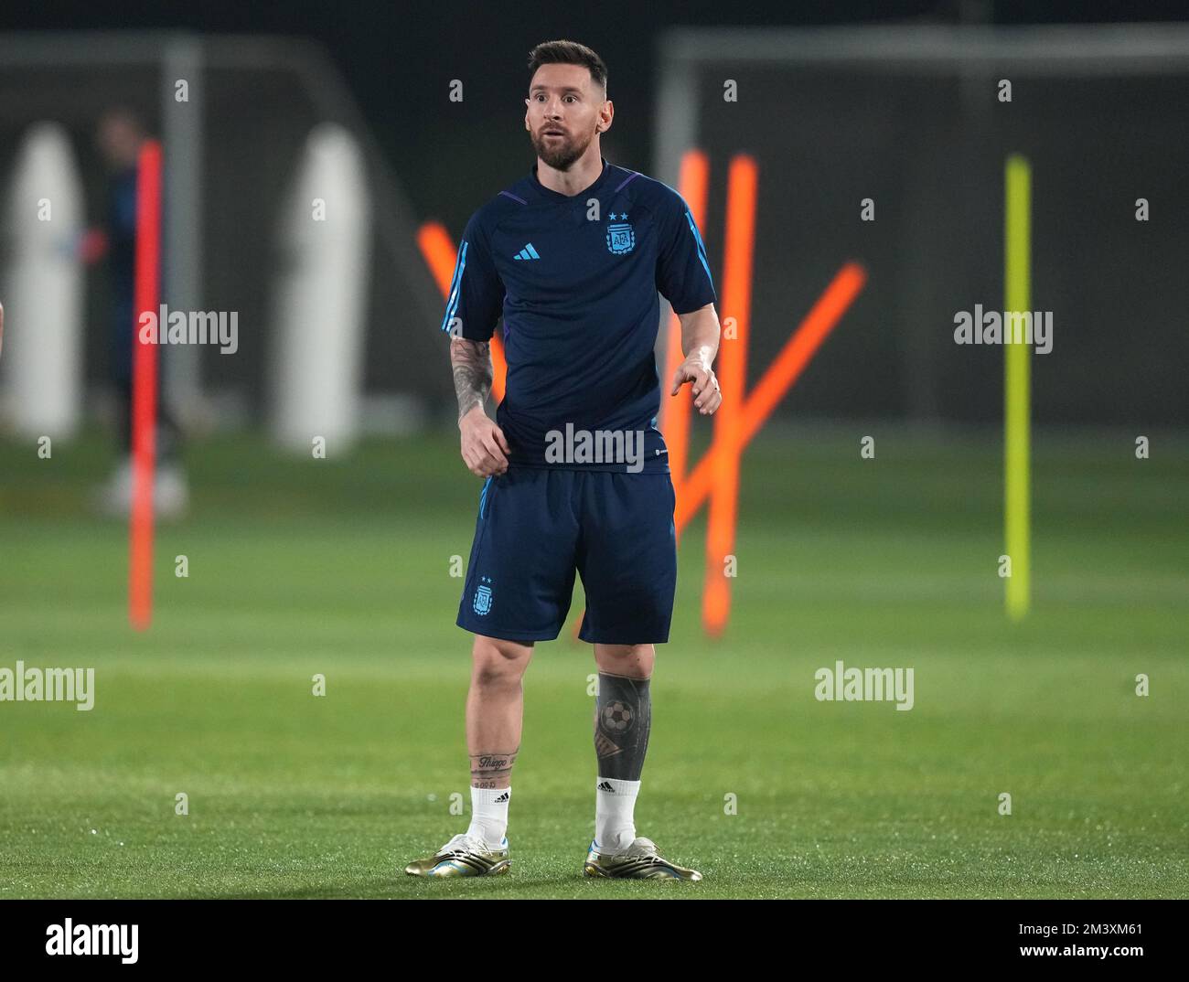 Argentina's Lionel Messi during a training session at Qatar University ...