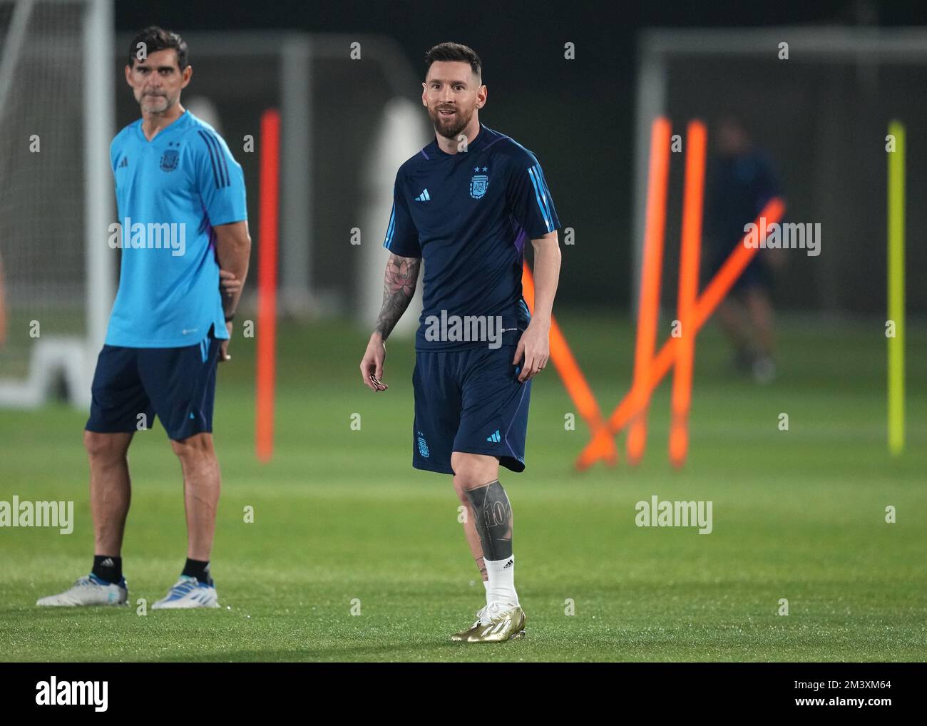 Argentina's Lionel Messi during a training session at Qatar University ...