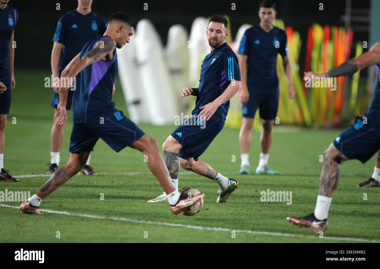 Argentina's Lionel Messi during a training session at Qatar University ...
