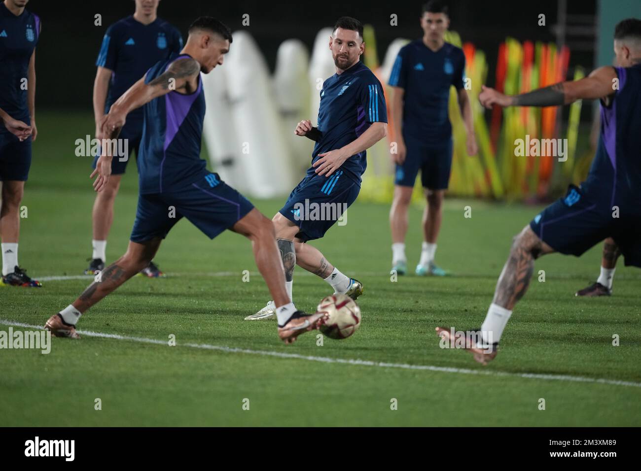 Argentina's Lionel Messi during a training session at Qatar University ...