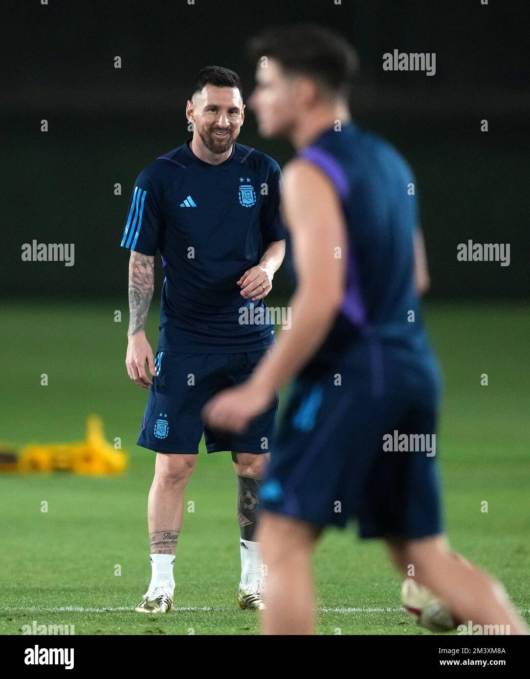 Argentina's Lionel Messi during a training session at Qatar University ...