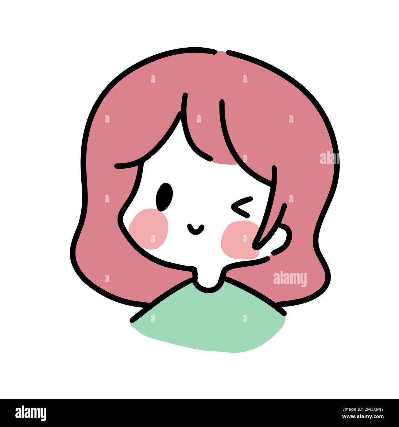 Cute colorful trendy hand drawn portrait of winking girl with dark pink ...