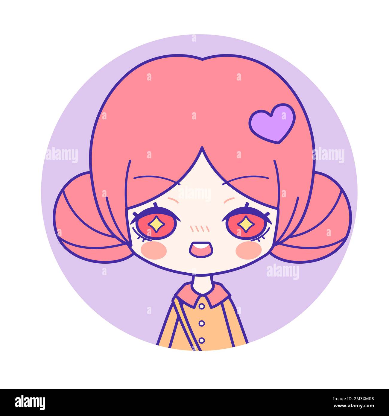 Trendy Chibi Portrait Of Excited Cute Girl With Pink Hair Buns Stock