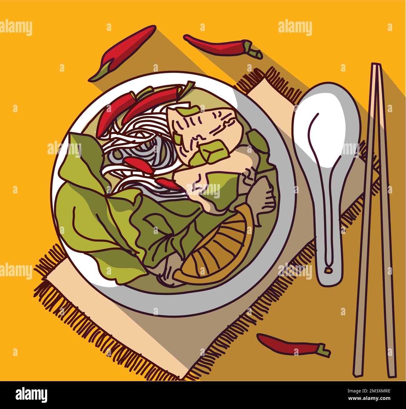 Pho bo soup food top view. Color vector illustration EPS8 Stock Vector ...