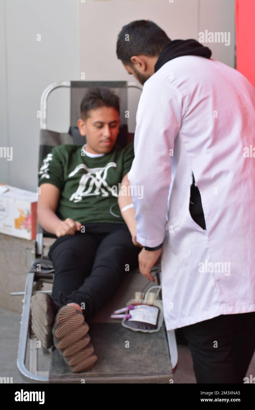 Cairo, Egypt, December 15 2022: blood volunteer donor during a blood ...