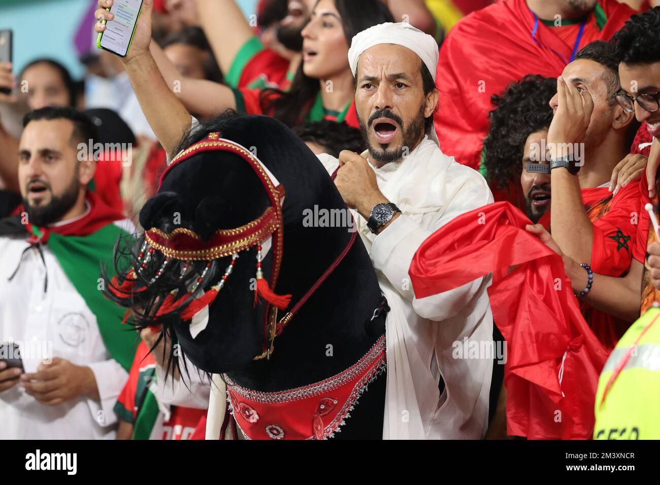 Doha, Qatar. 17th Dec, 2022. Moroccan fan riding a horse during the ...
