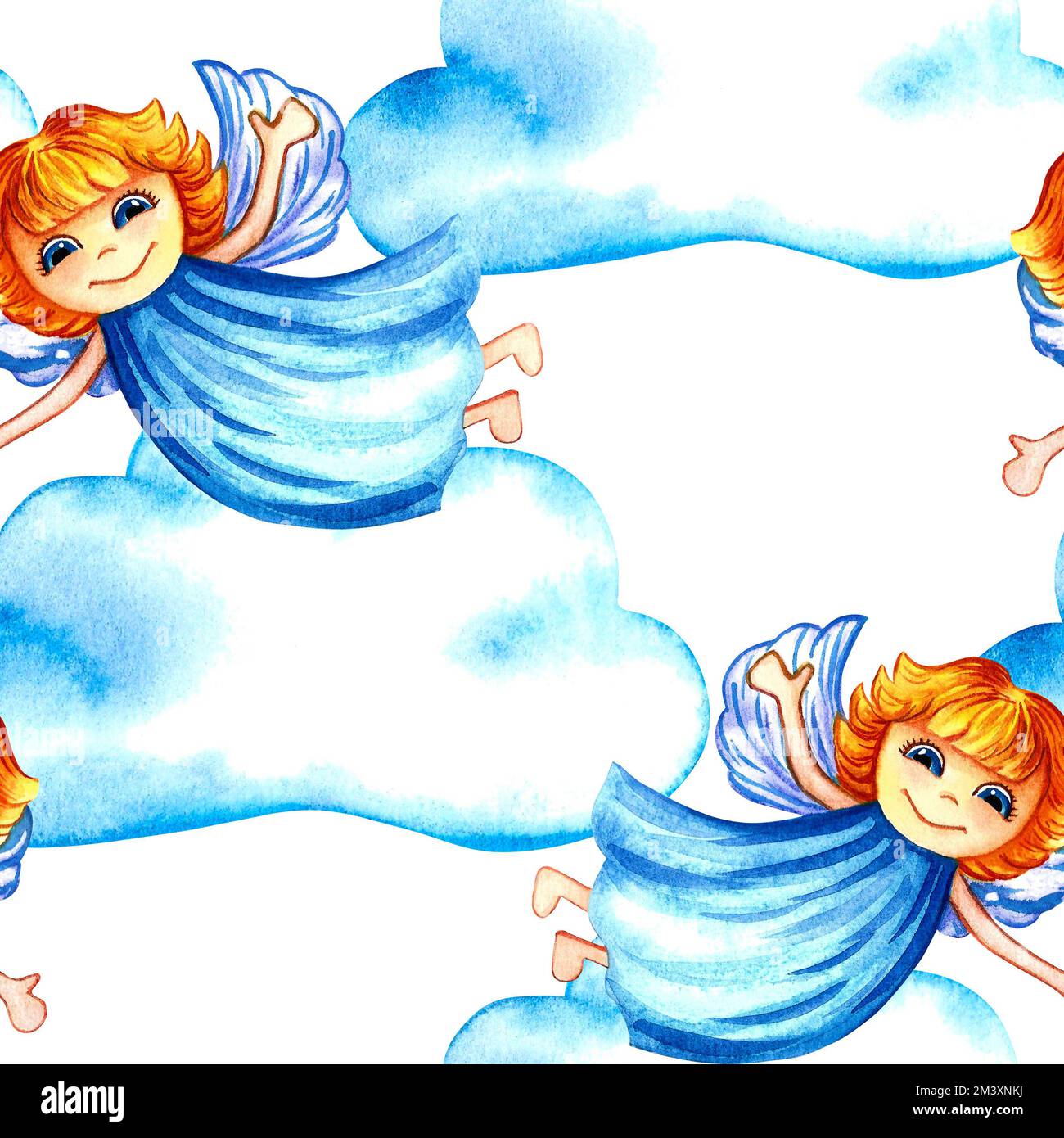 Baby pattern of angels in the clouds. Watercolor illustration. For ...