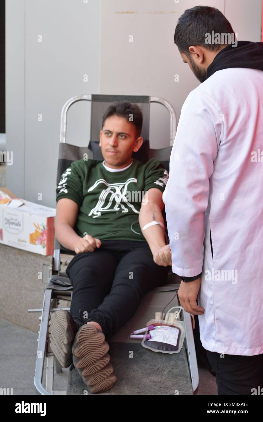 Cairo, Egypt, December 15 2022: blood volunteer donor during a blood ...